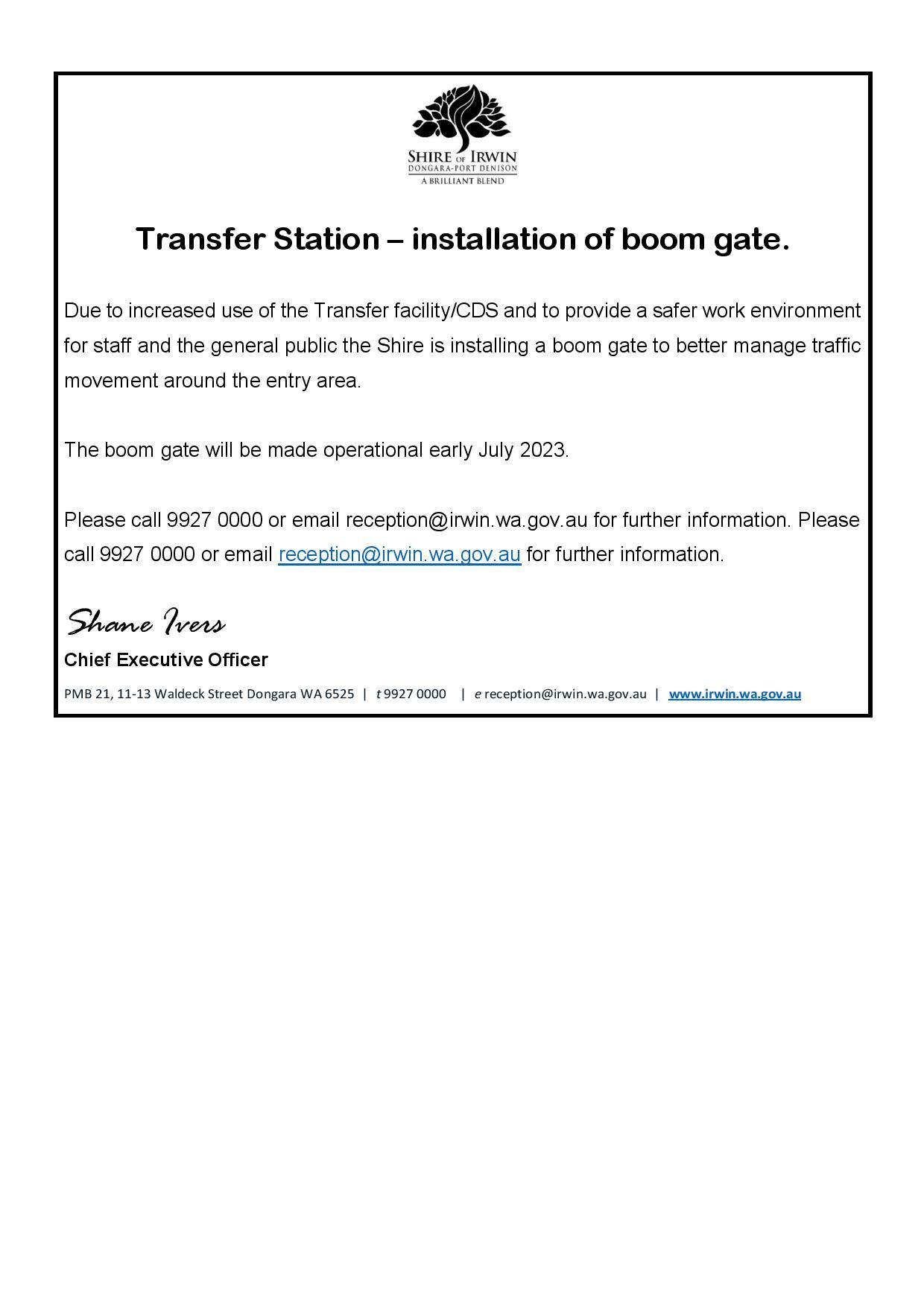 PUBLIC NOTICE - BOOM GATE INSTALLATION - Shire of Irwin