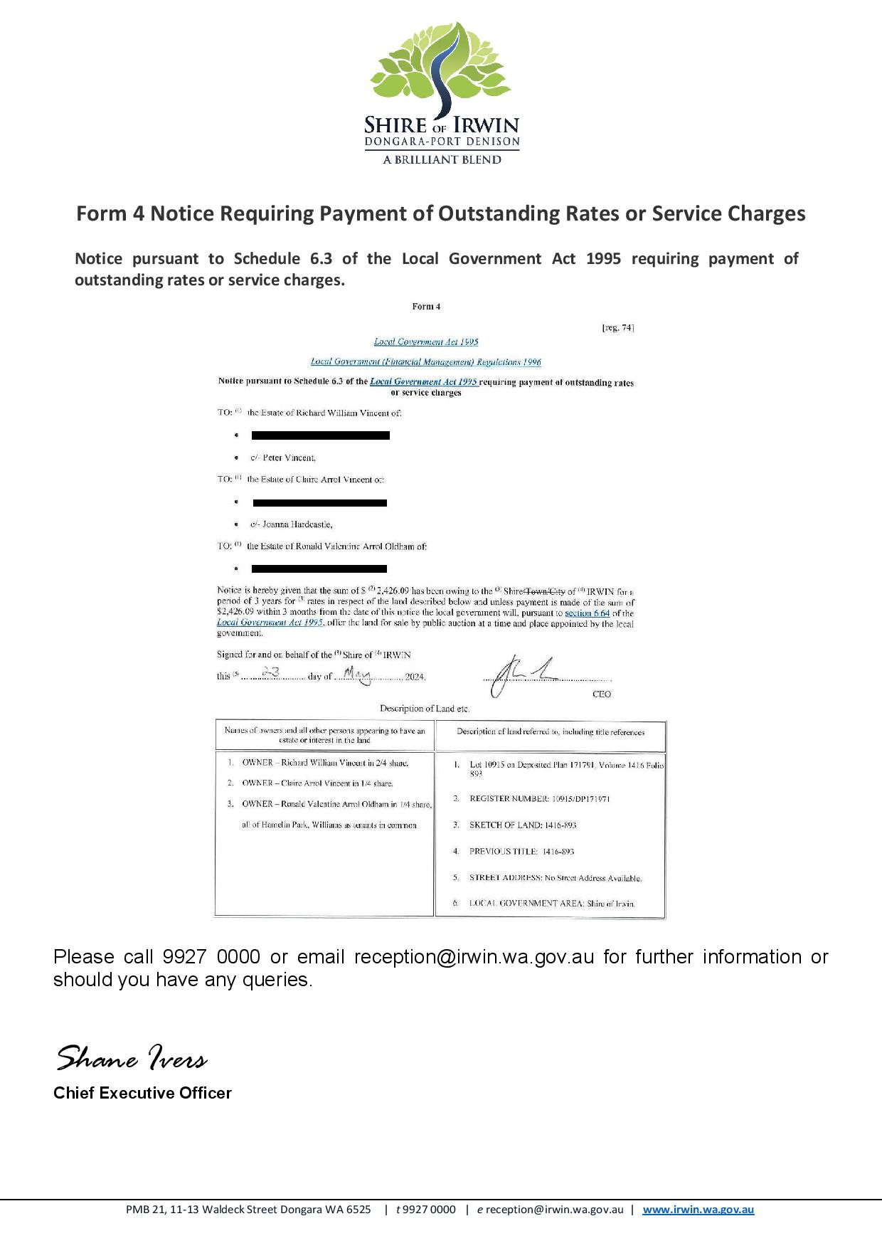 Notice of Outstanding Rates - Shire of Irwin