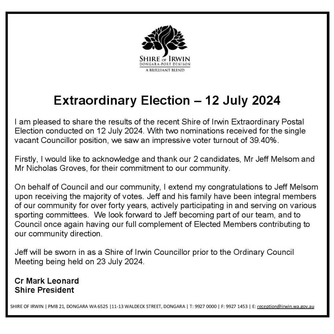 Extraordinary Election Results - Shire of Irwin